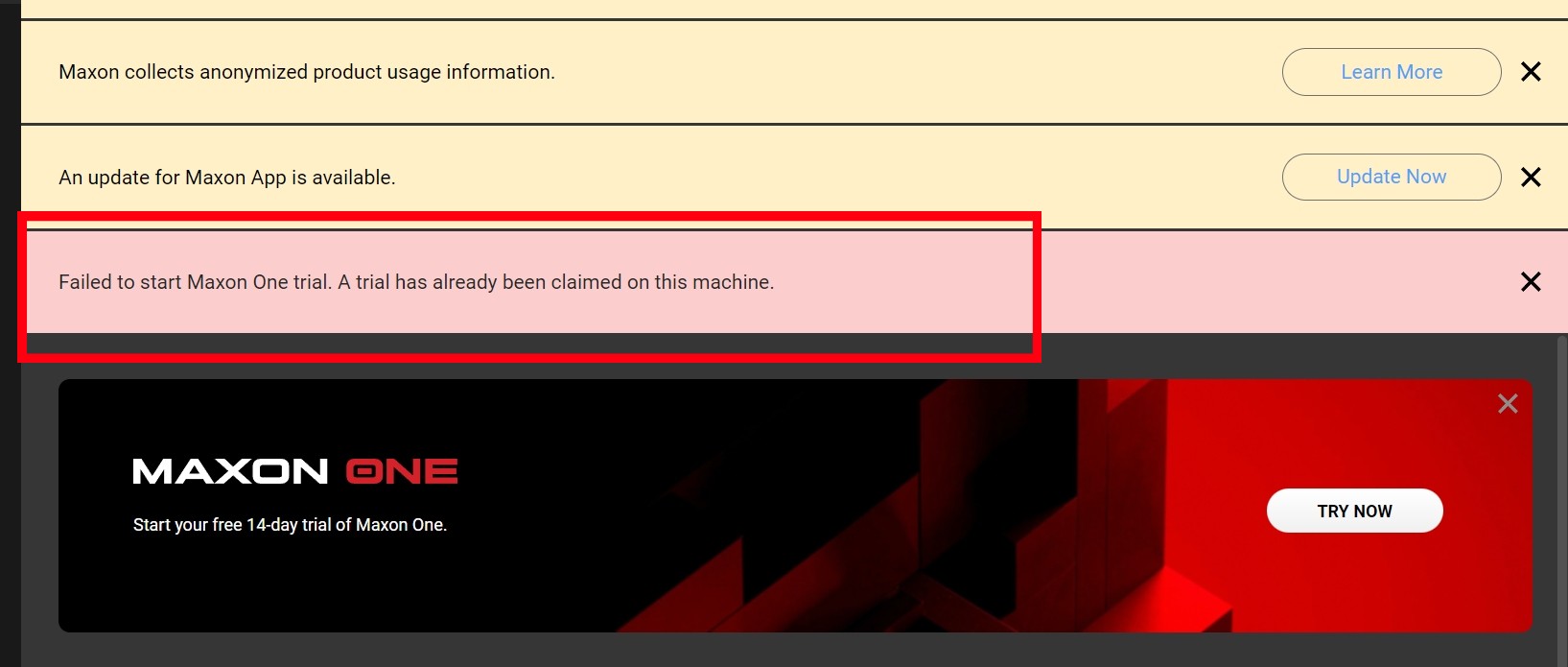CINEMA 4D 한국 유저그룹 - 트라이얼 버전 실행이 않됩니다. Failed to start Maxon One trial. A trial has already been ...