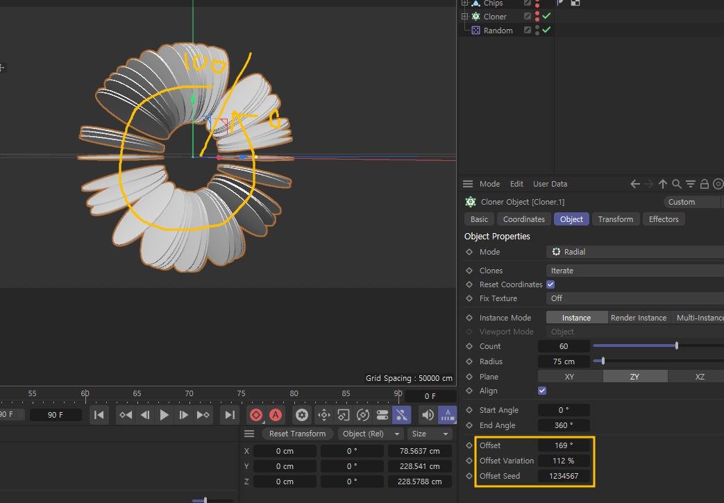 CINEMA 4D 한국 유저그룹 - cloner - radial 에서 점점 쌓이는 것처럼