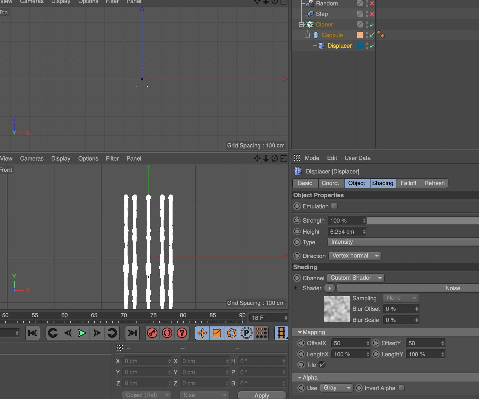 CINEMA 4D 한국 유저그룹 - displacer가 입혀진 개체를 cloner시킬 시 디포머를 랜덤하게 적용하는 방법