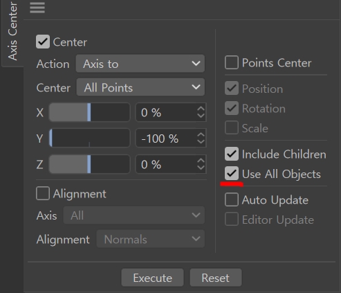 CINEMA 4D 한국 유저그룹 - center axis to가 안됩니다... 해결책이 뭘까요? ㅠㅠㅠ