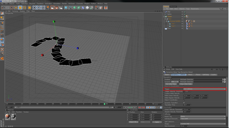 Cinema 4d 한국 유저그룹 도미노 애니메이션에서 앞의 도미노를 뚫고 지나가는 문제해결방법부탁드립니다